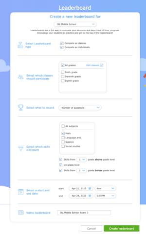 Admin Leaderboard setup form - IXL Official Blog