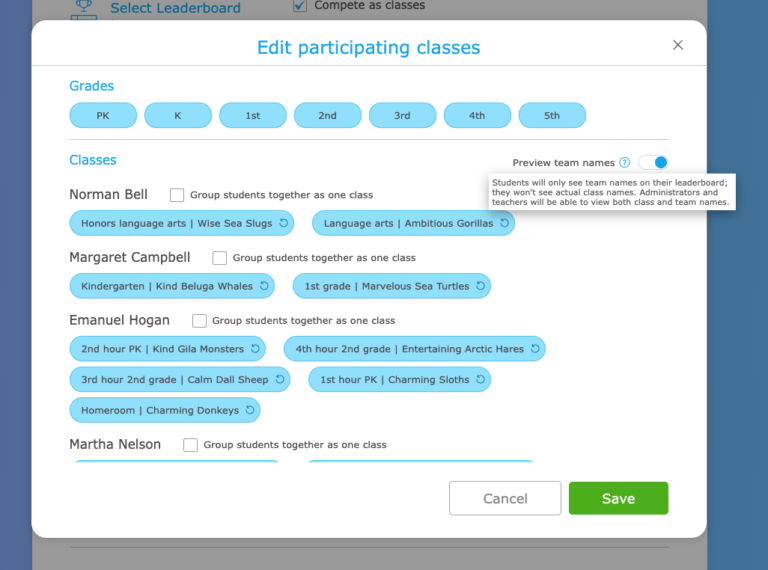 Edit participating classes modal - preview team names - IXL Official Blog