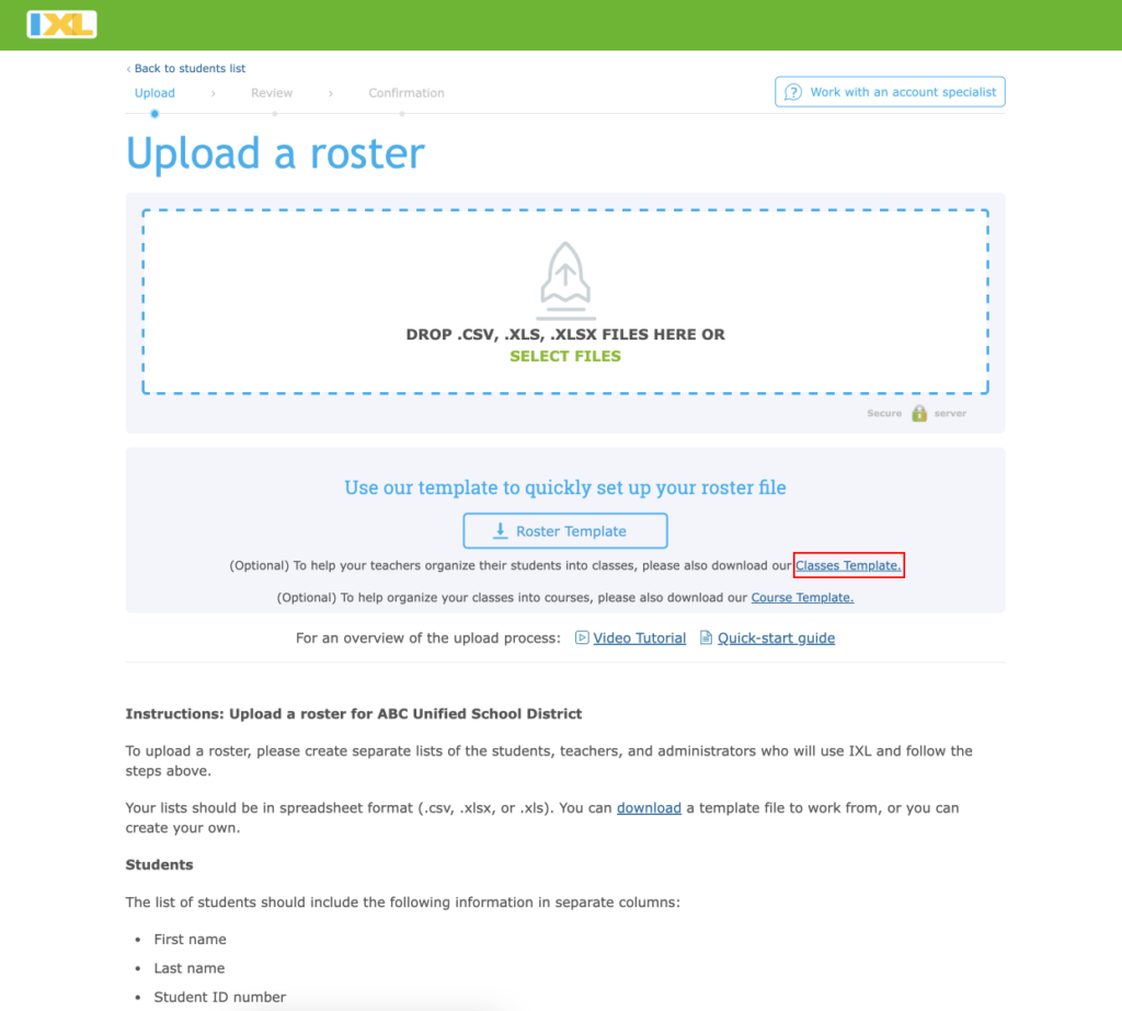 Admin - 2a. dowload classes template from upload roster flow - IXL ...